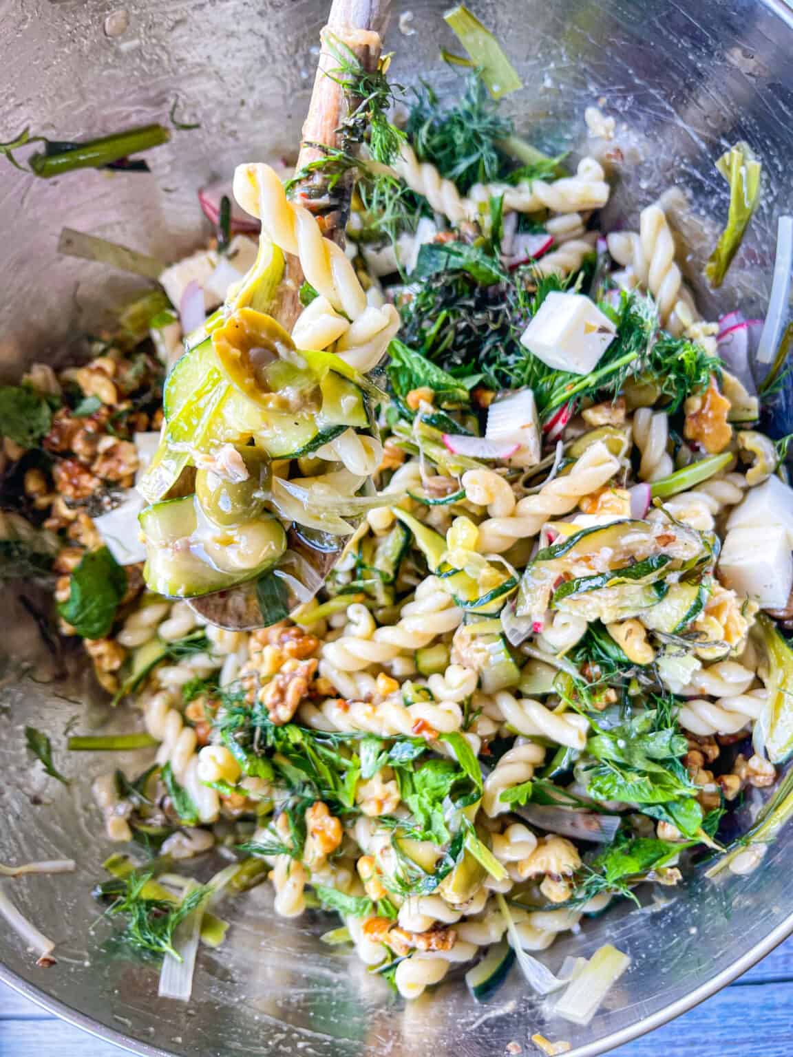Easy Gemelli Pasta Salad with Herbs, Feta and Walnuts - Weekday Pescatarian